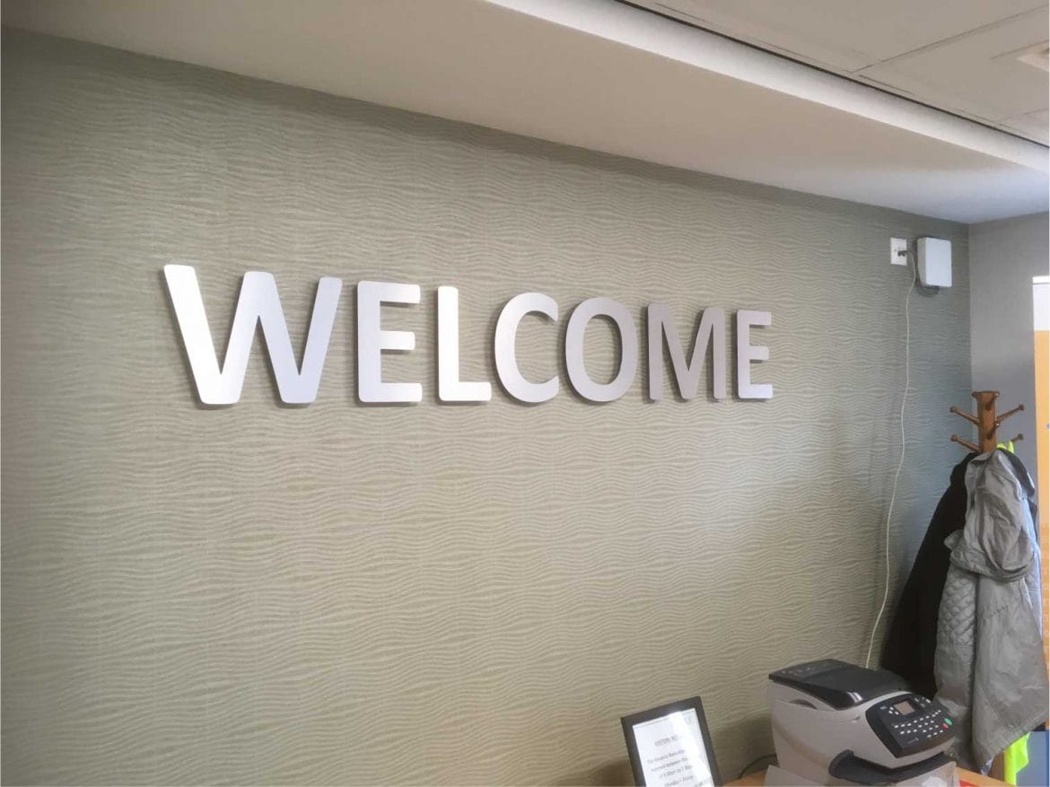 School welcome brushed aluminium sign lettering - Cestrian Signs